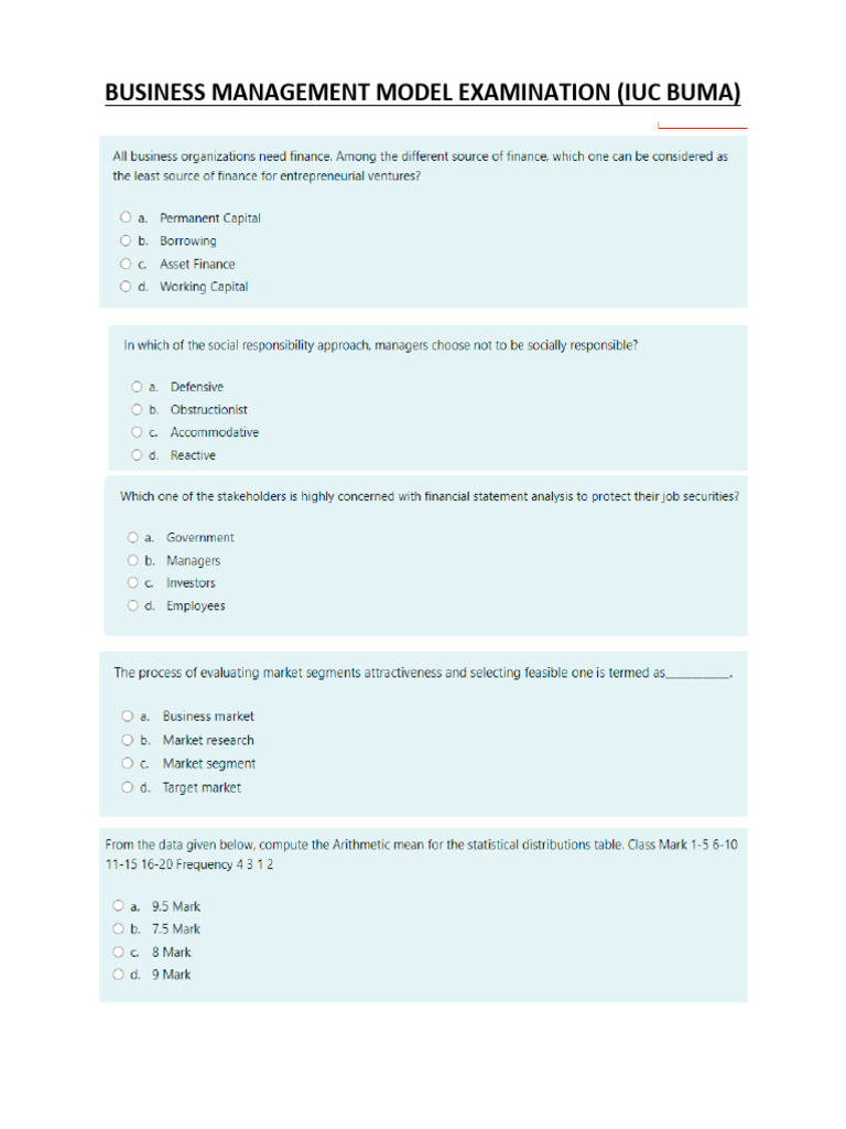 Business Management - Model Exit Exam | PDF