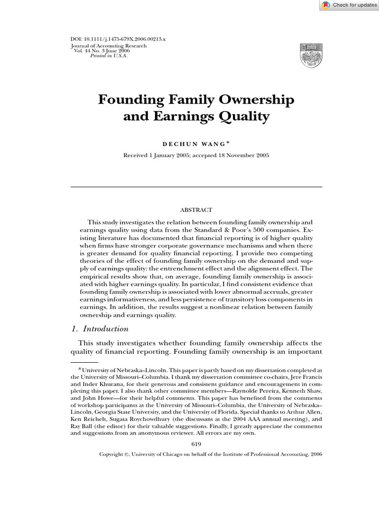 J of Accounting Research - 2006 - WANG - Founding Family Ownership and Earnings Quality | PDF ...