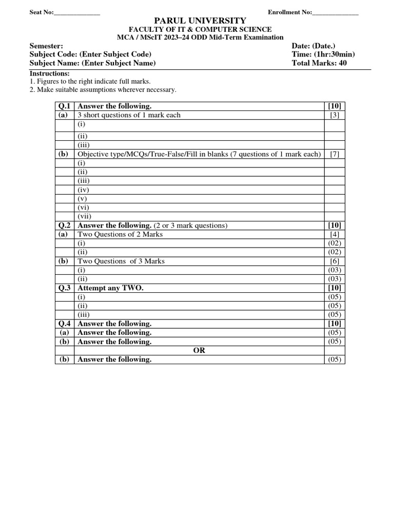QPaper Template For Mid Theory Exam - MCA-MScIT - FITCS | PDF | Computing | Science