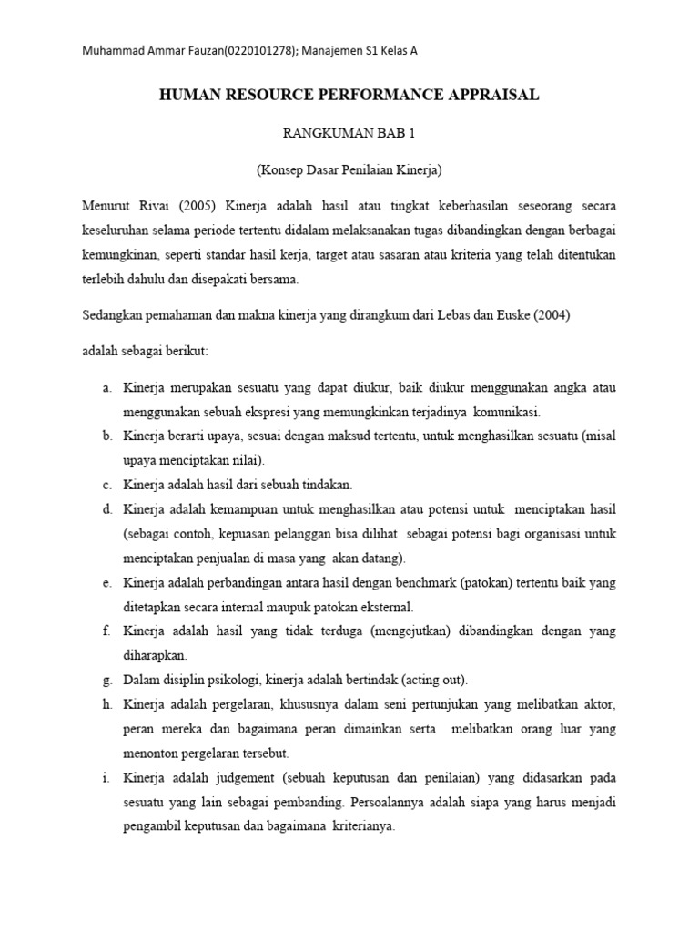 QUIZ HUMAN RESOURCE PERFORMANCE APPRAISAL - 0220101278 - Muhammad Ammar Fauzan | PDF | Karier ...