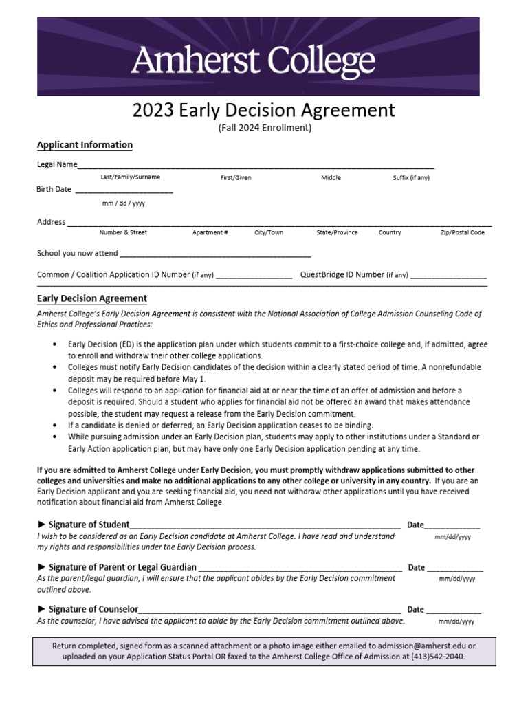 Amherst College Early Decision Form 2023 | PDF