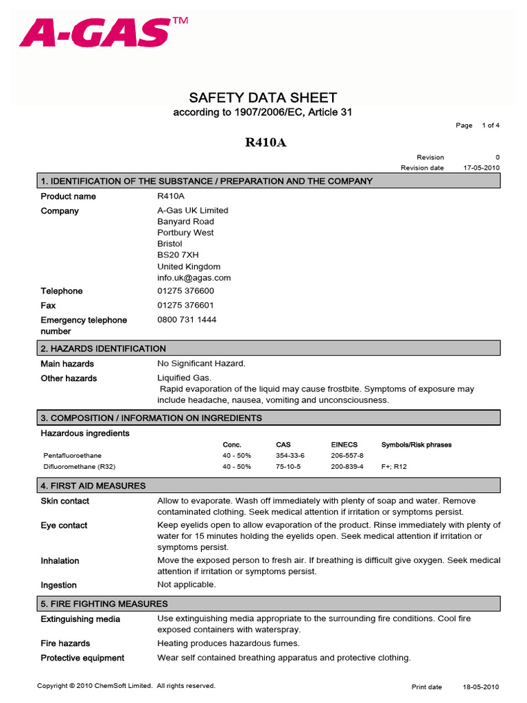 MSDS R410a.UN. 1078 | PDF | Materials | Chemistry