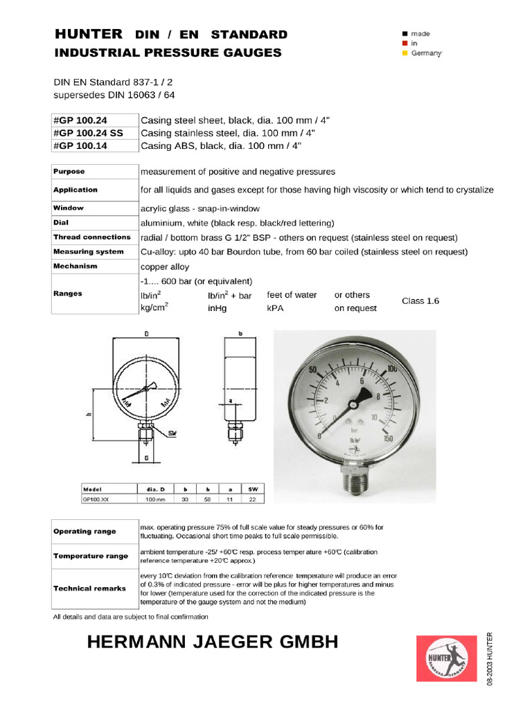 Hunter Pressure Gauge GP100 14 | PDF