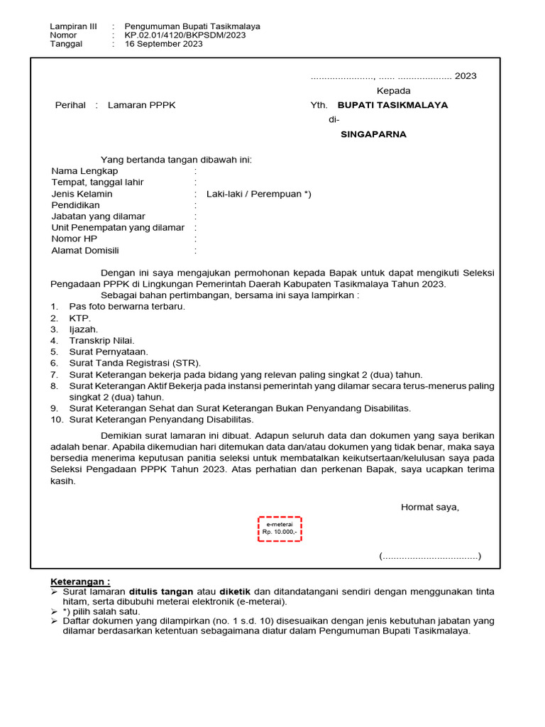 Lamaran PPPK Tasikmalaya 2023 | PDF