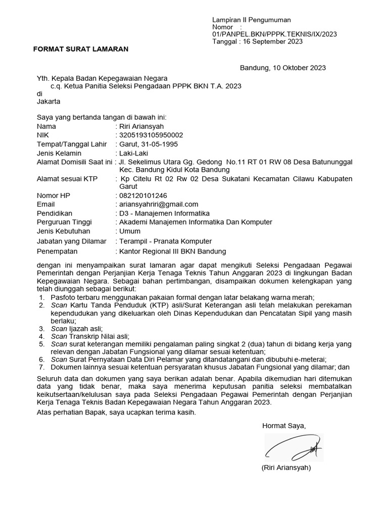 Lampiran II Format Surat Lamaran PPPK Teknis BKN 2023 | PDF