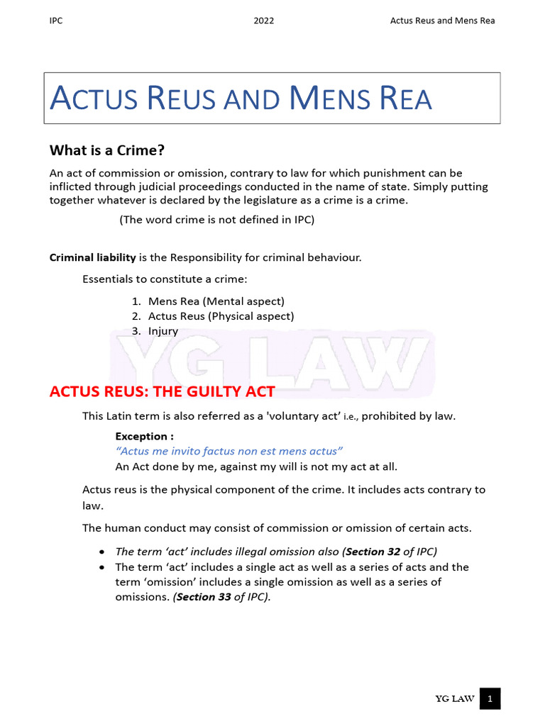 Actus Reus and Mens Rea | PDF | Mens Rea | Recklessness (Law)