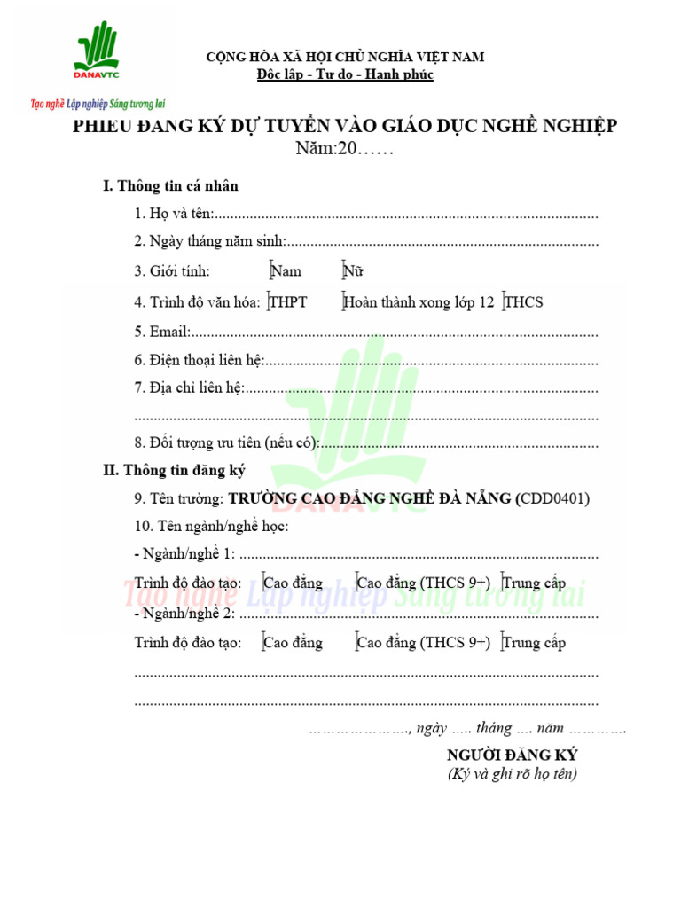 Phieu Dang Ky Du Tuyen | PDF