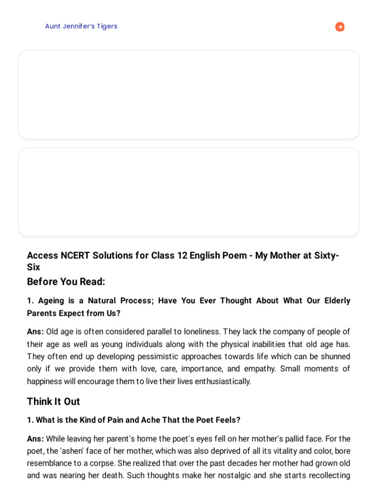NCERT Solutions: My Mother at Sixty-Six | PDF | Psychology