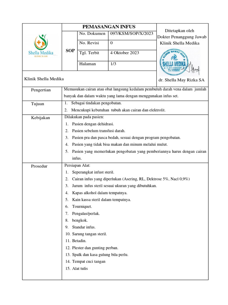 Prosedur Pemasangan Infus di Klinik | PDF