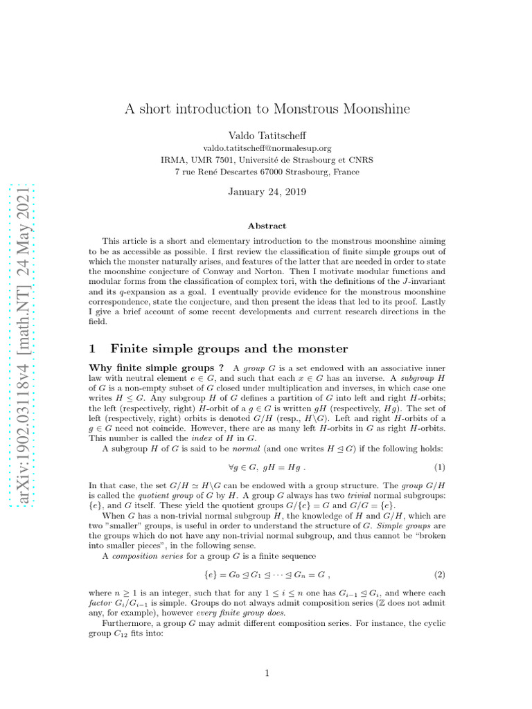 A Short Introduction To Monstrous Moonshine: 1 Finite Simple Groups and ...