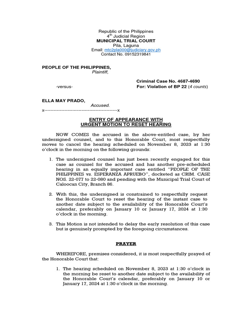 Entry of Appearance With Urgent Motion To Reset Hearing | PDF ... Entry of Appearance With Urgent Motion To Reset Hearing | PDF ...