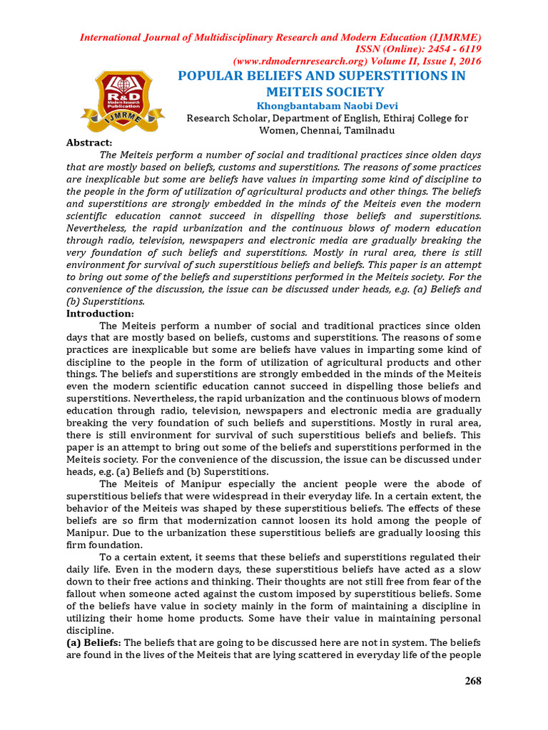 Popular Beliefs and Superstitions in Meiteis Society: Abstract | PDF ...
