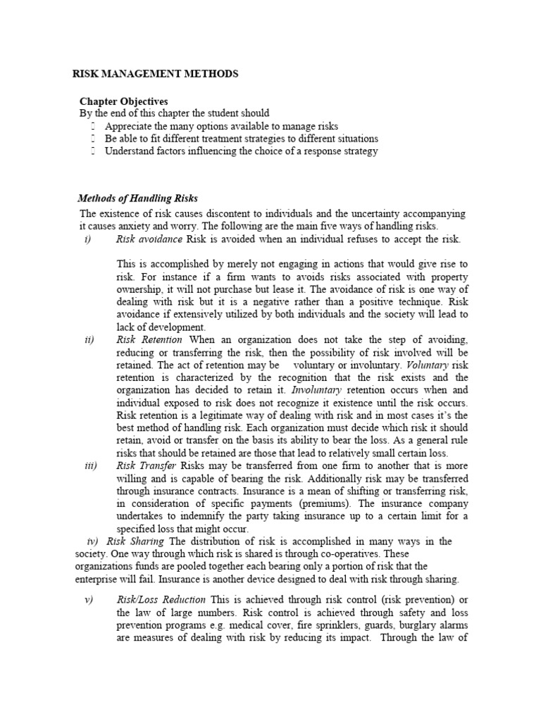 RISK MANAGEMENT METHODs Lesson Ten Notes | PDF | Insurance | Financial Risk