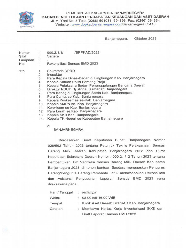 Undangan Rekonsiliasi Sensus BMD 2023 | PDF