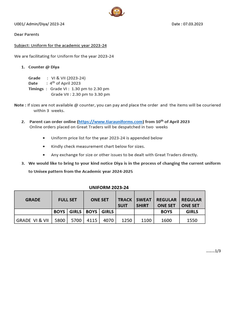 Dear Parents Subject Uniform For The Academic Year 2023 24 U001