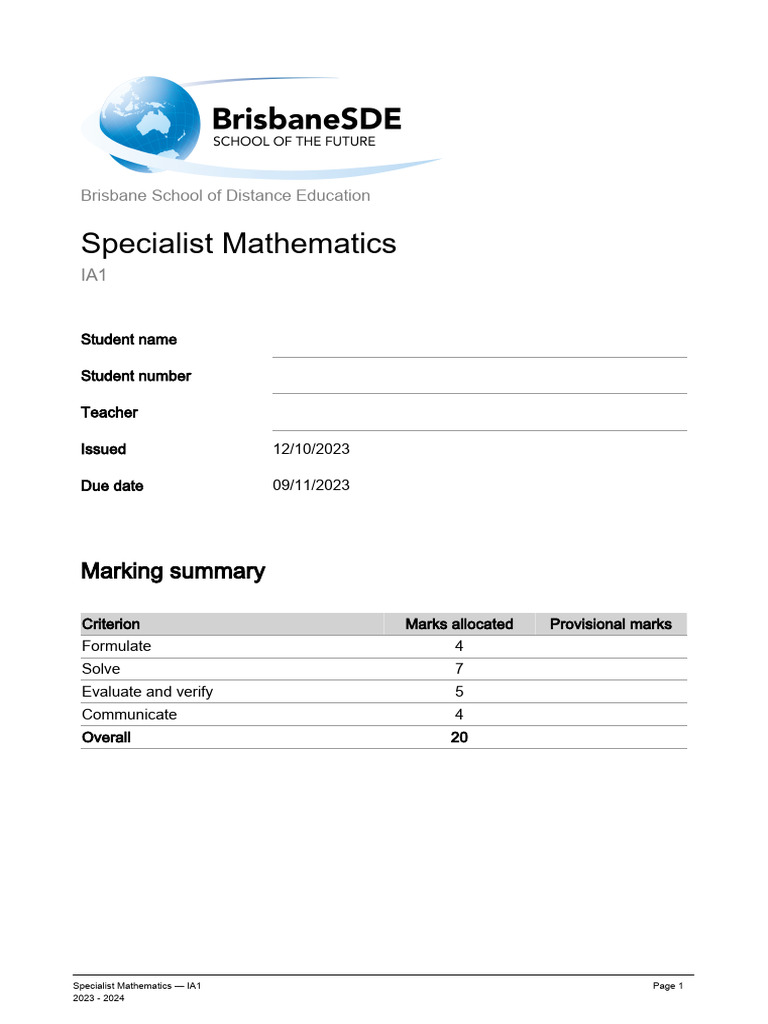 Specialist Mathematics: Marking Summary | PDF | Mathematics | Ecology