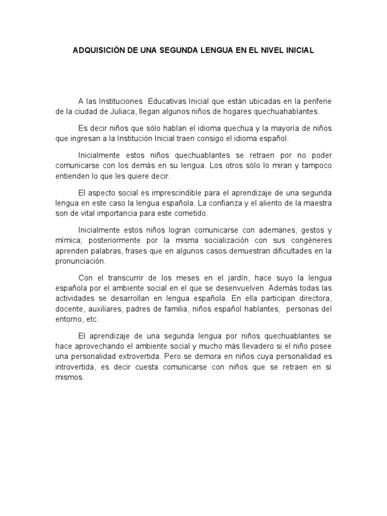 Adquisición de Una Segunda Lengua en El Nivel Inicial1 | PDF | Segundo ...