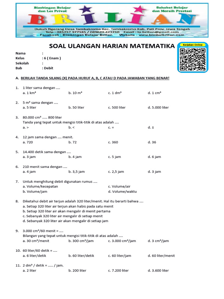 Soal Matematika Kelas 6 Sd Bab 2 Debit Dan Kunci Jawaban Pdf
