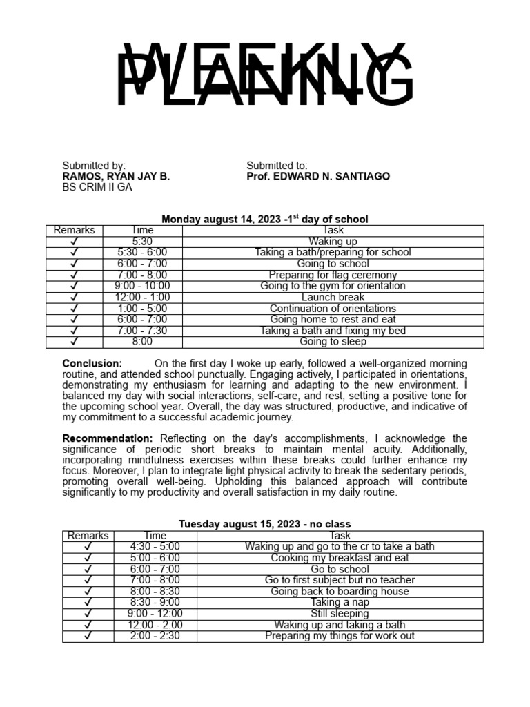 Ramos Ryan Jay B. Weekly Plan | PDF | Sleep | Disciplines
