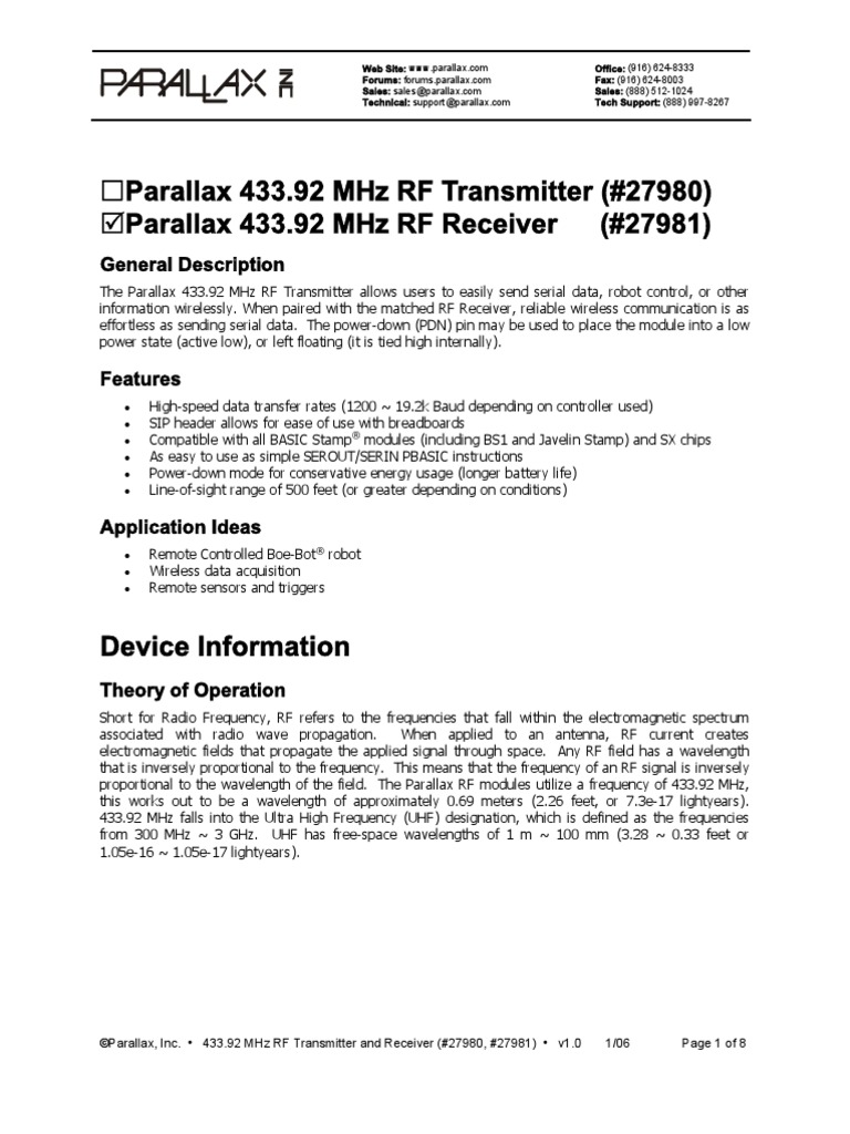Parallax 433.92 MHZ RF Transmitter (#27980) Parallax 433.92 MHZ RF ...