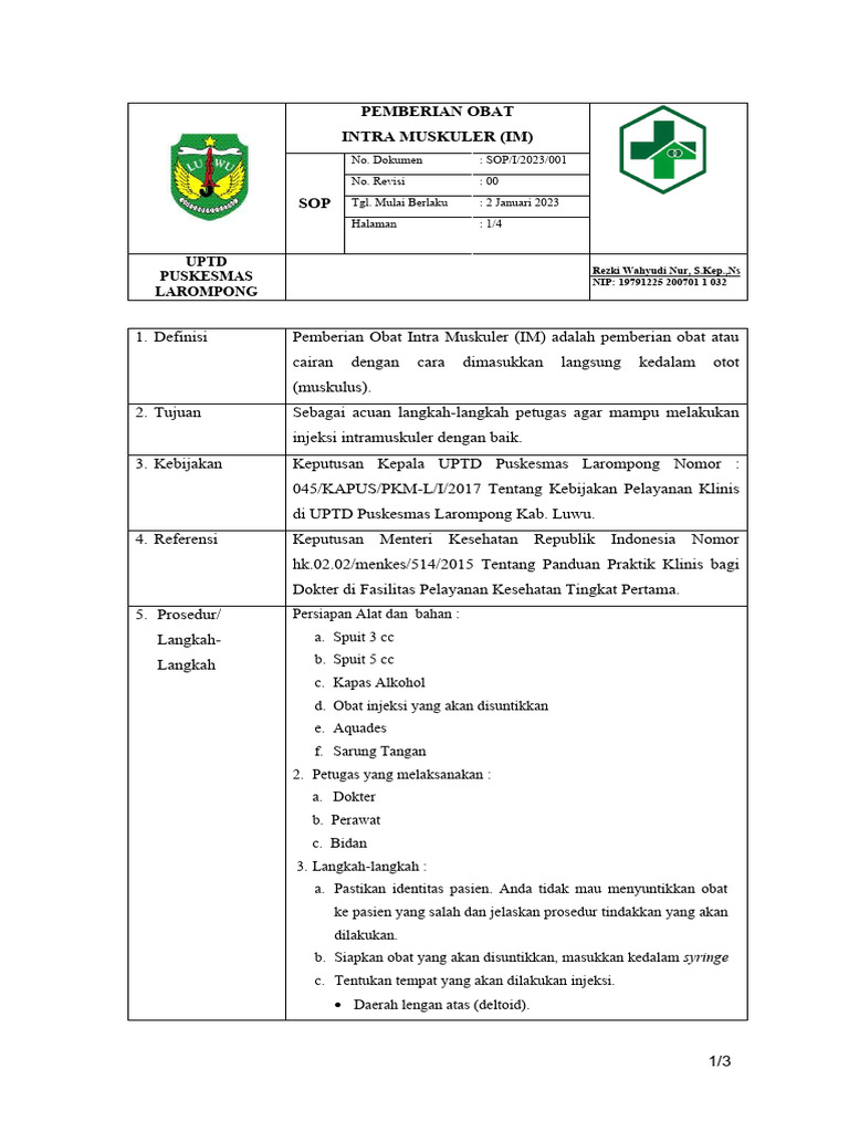 Sop Pemberian Obat Intra Muskuler (Im) | PDF | Pengembangan Diri ...