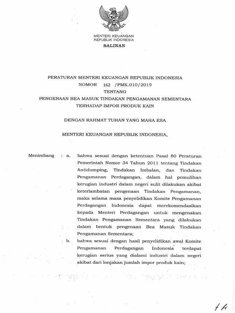 PMK 162 - PMK.10 - 2019 Tentang Pengenaan Bea Masuk Tindakan Pengamanan ...