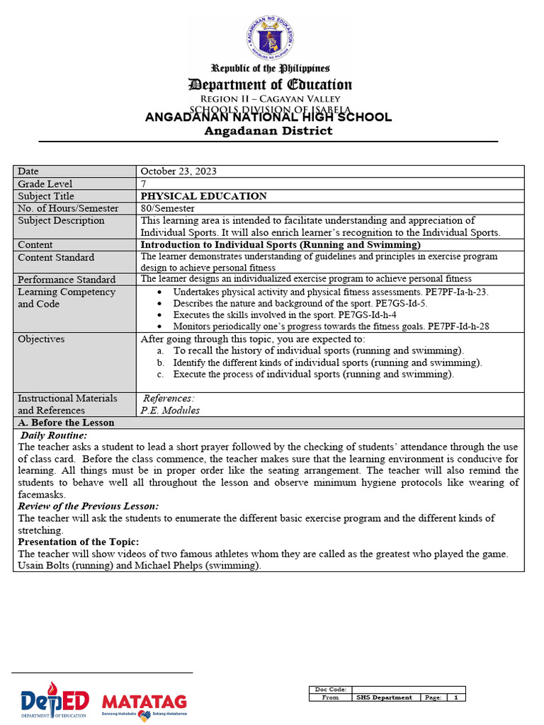 Running and Swimming DLL | PDF | Learning | Physical Education