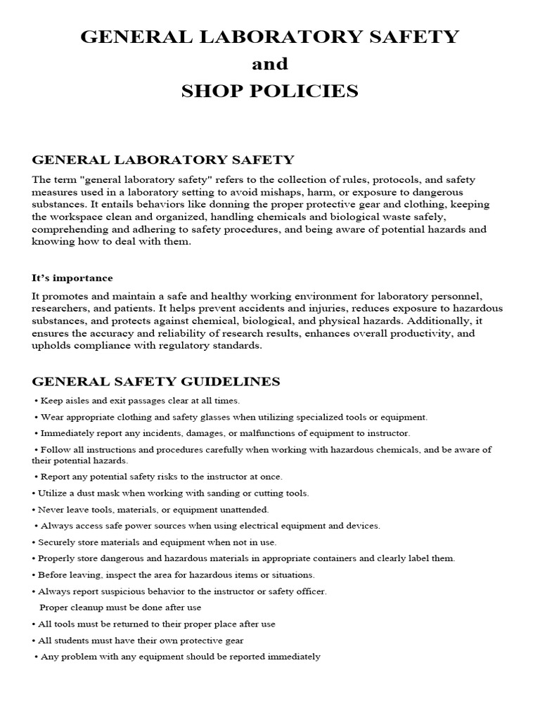 General Laboratory Safety and Shop Policies | PDF | Safety | Laboratories
