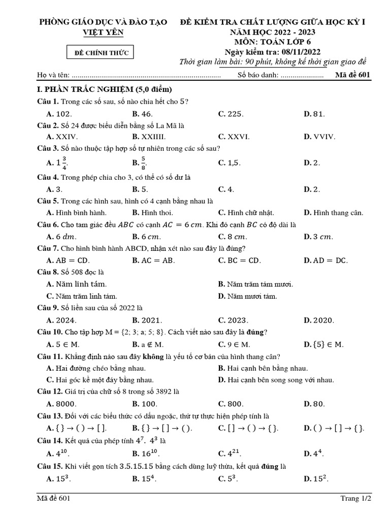 De Giua Hoc Ky 1 Toan 6 Nam 2022 2023 Phong GDDT Viet Yen Bac Giang | PDF