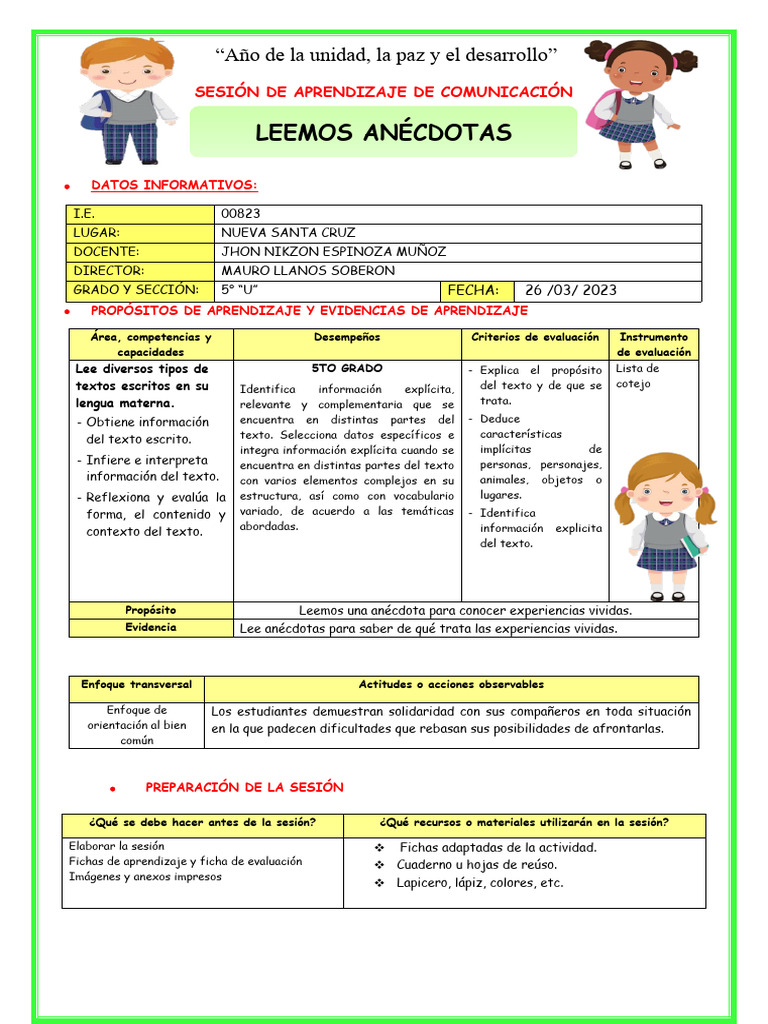 Ses Lun Comun Leemos Anécdotas | PDF | Evaluación | Aprendizaje Ses Lun Comun Leemos Anécdotas | PDF | Evaluación | Aprendizaje