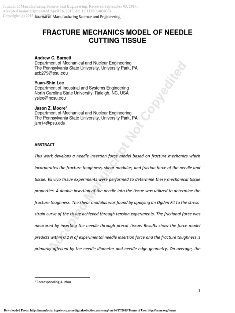 Fracture Mechanics Model of Needle Cutting Tissue | PDF | Fracture ...