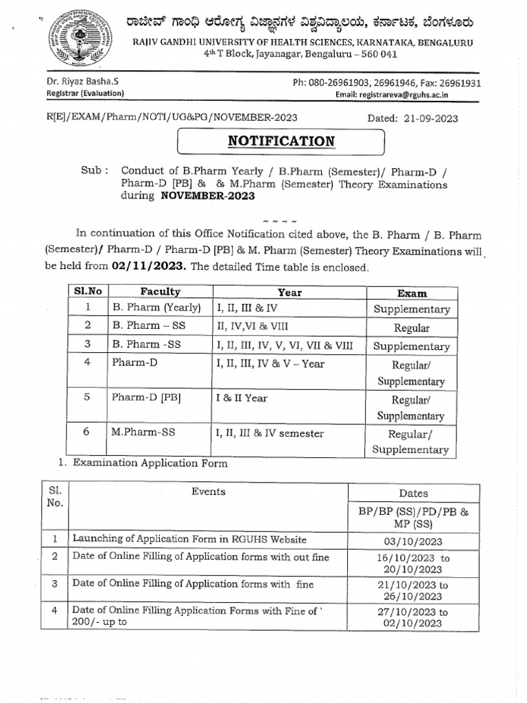 Fee Notification and Time Table For B.pharm, November-2023 | PDF