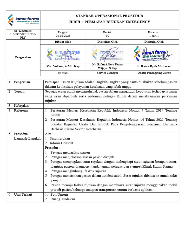 Sop Persiapan Rujukan Emergency | PDF
