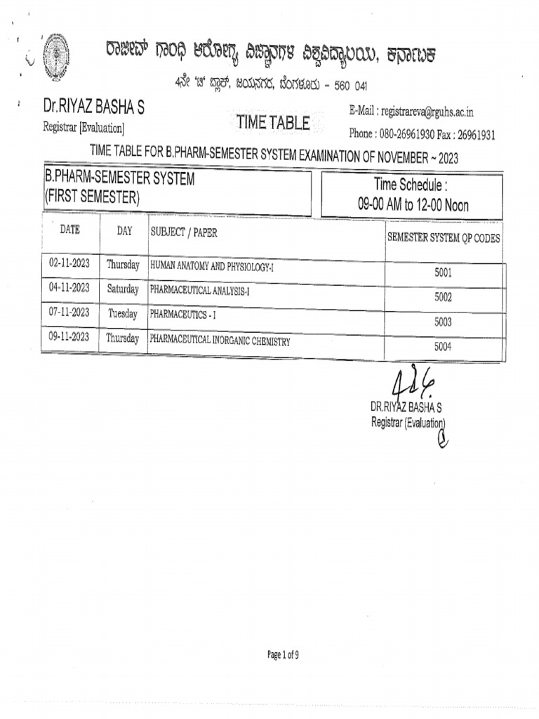 Time Table For B.pharm, November-2023 | PDF