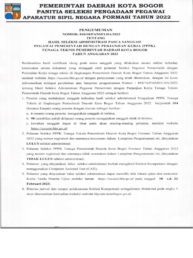 Pengumuman Hasil Seleksi Administrasi Pasca Sanggah PPPK Tenaga Teknis 2022 | PDF