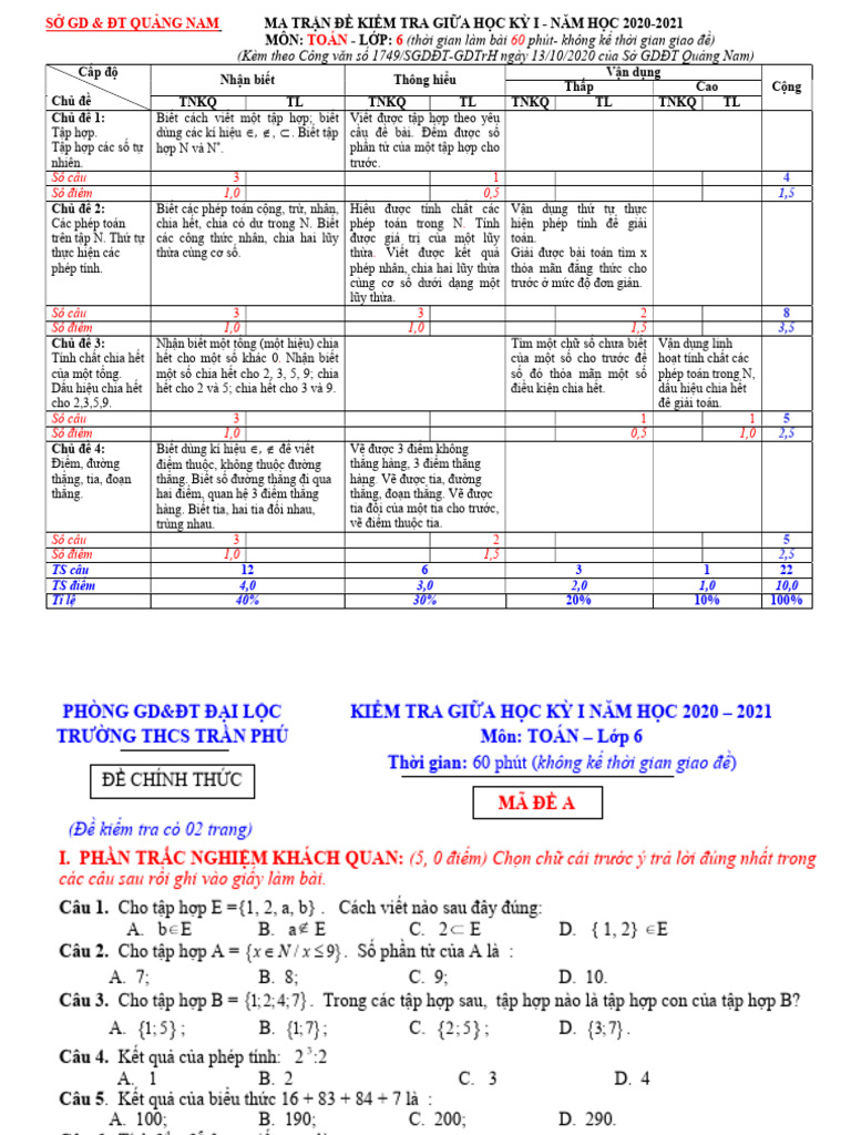 De Kiem Tra Giua Hoc Ky 1 Toan 6 Nam 2020 2021 Truong Thcs Tran Phu Quang Nam | PDF