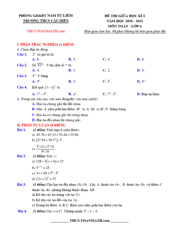 De Thi Giua Hoc Ki 1 Toan 6 Nam 2020 2021 Truong Thcs Cau Dien Ha Noi | PDF