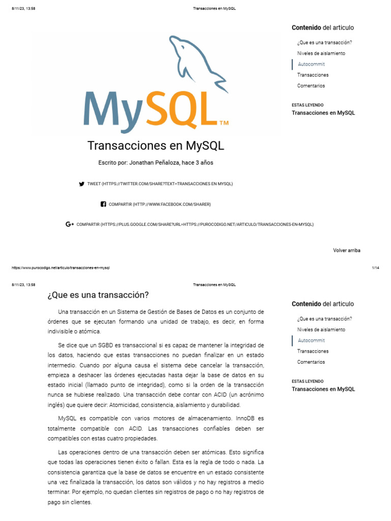 Transacciones En Mysql Pdf Transacción De Base De Datos Sql