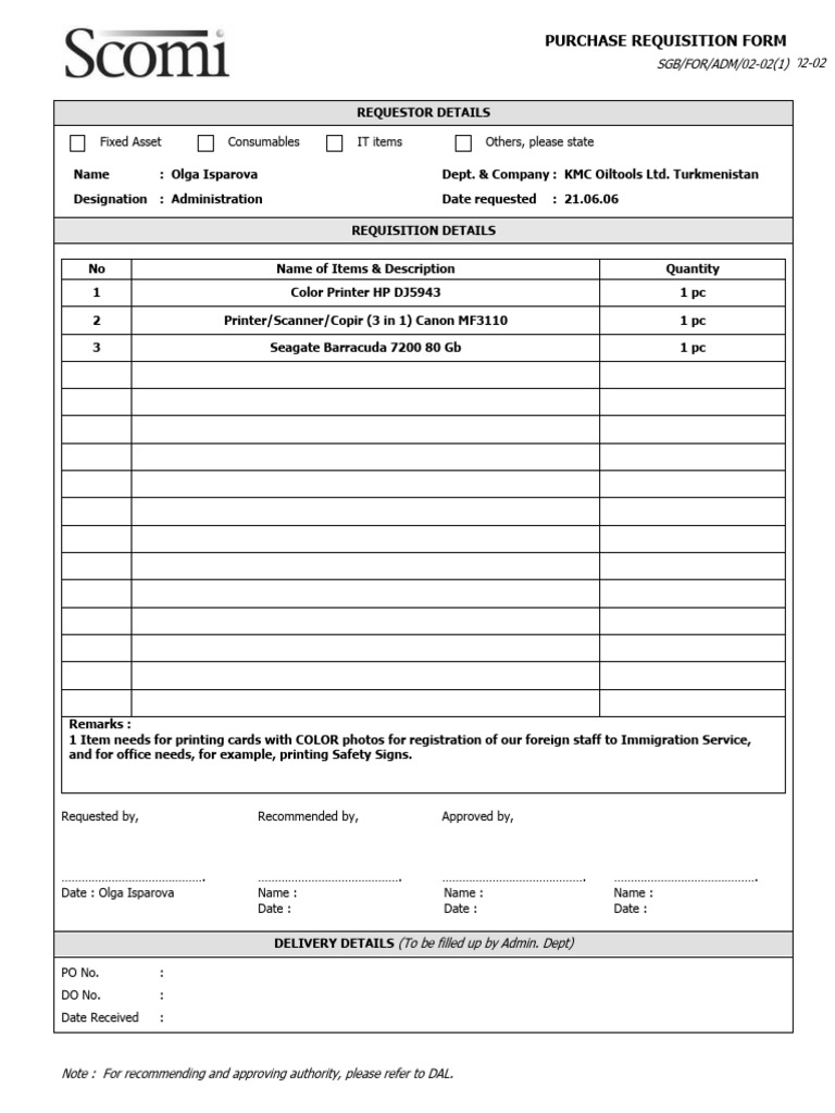 Admin - Purchase Requisition Form | PDF