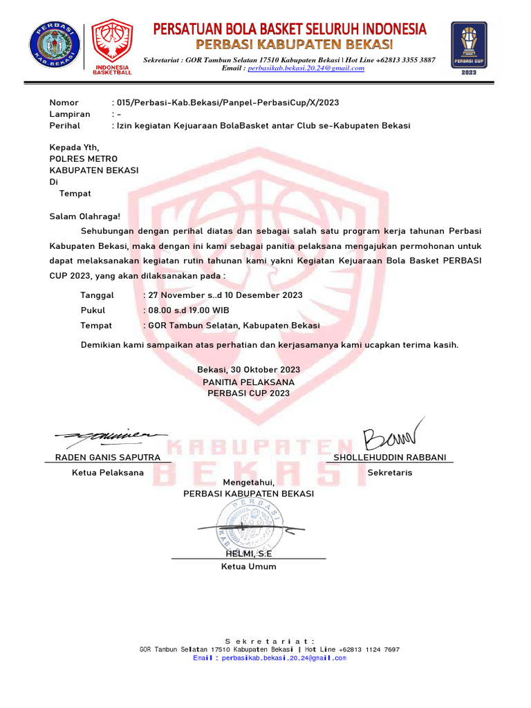 Surat Izin Kegiatan Perbasi Cup | PDF