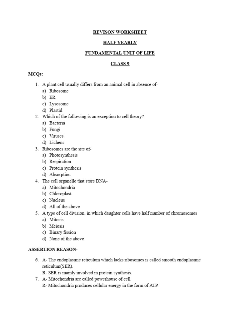 REVISON WORKSHEET Class 9 Docx | PDF | Cell (Biology) | Endoplasmic Reticulum