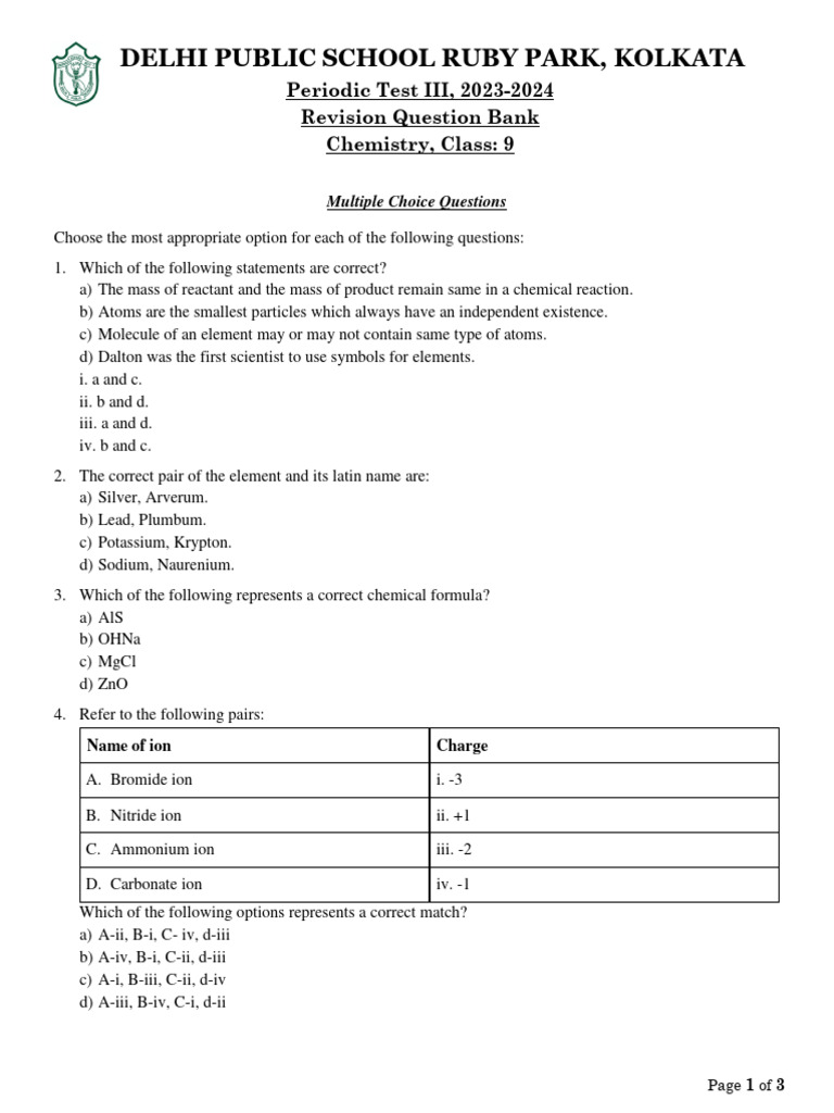 Revision Question Bank Class 9 PT III 2023-2024 | PDF | Chemical ...