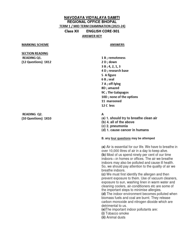 12th - English - Answer Key | PDF | Air Pollution