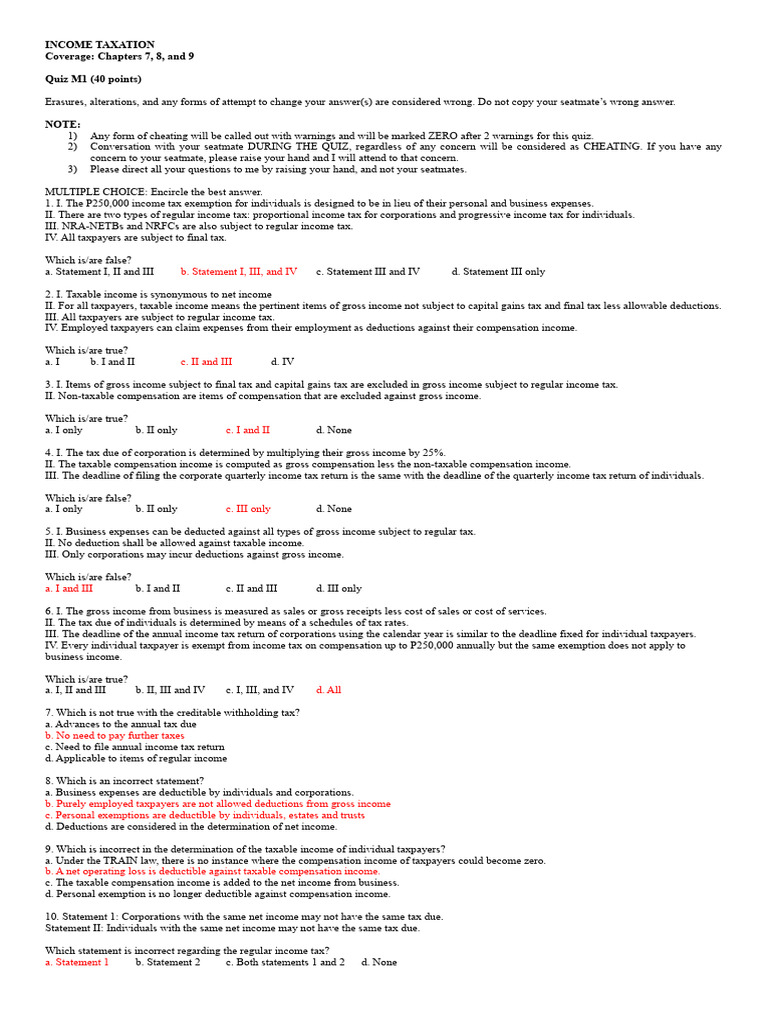 TAX MQ1 Special Quiz Answer Key | PDF | Gross Income | Tax Deduction