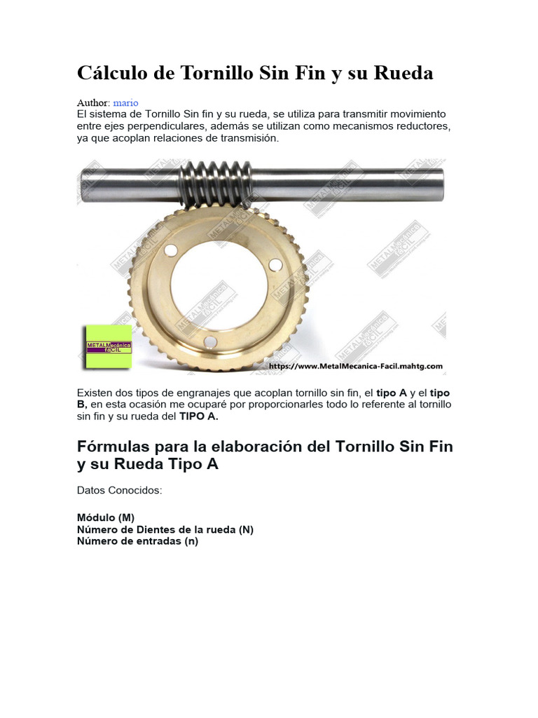 Cálculo de Tornillo Sin Fin y su Rueda | PDF | Máquinas | Bienes manufacturados