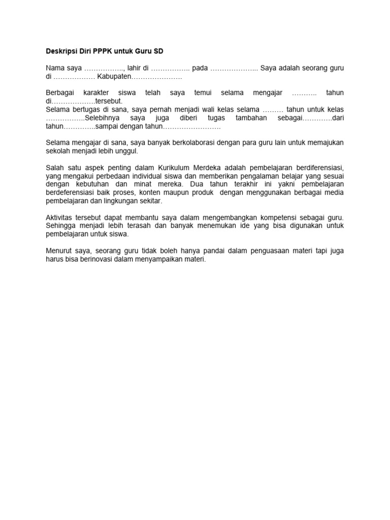 Contoh Deskripsi Diri PPPK Untuk Guru SD | PDF