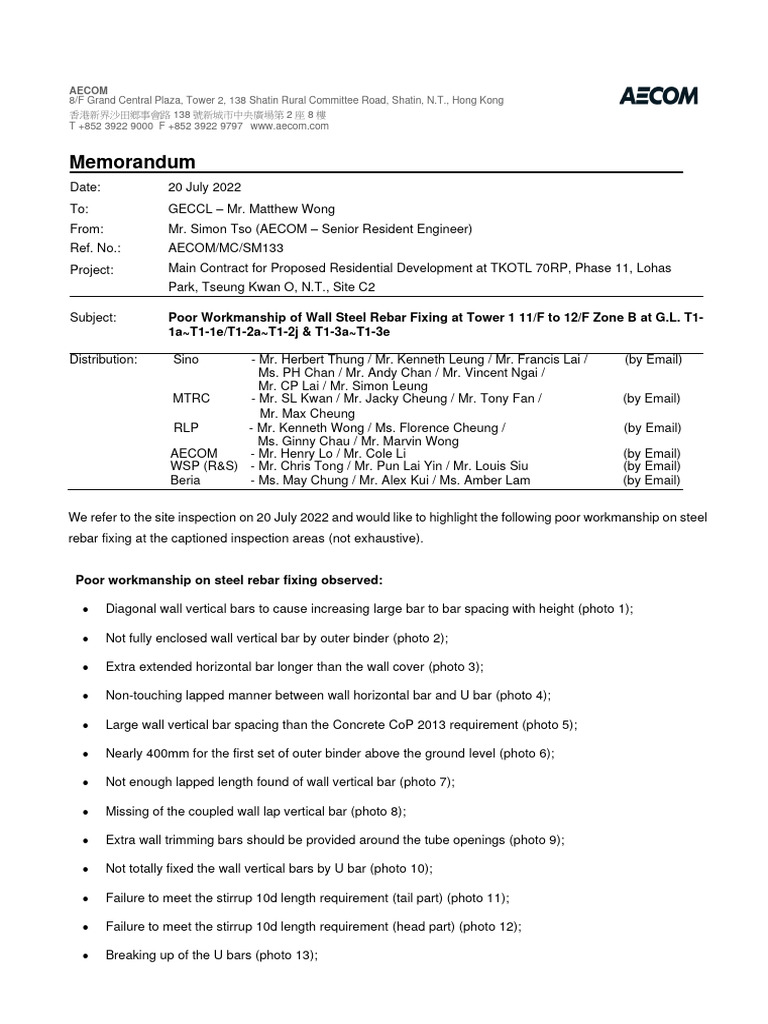 Memo - AECOM - MC - SM133 Poor Workmanship of Wall Steel Rebar Fixing at Tower 1 11F To 12F Zone ...