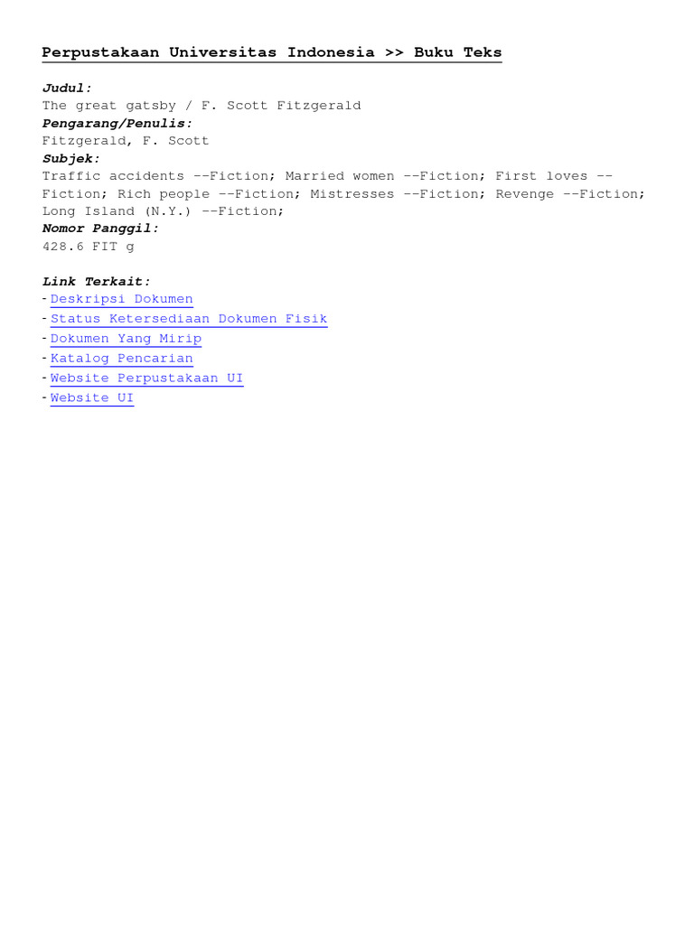 Perpustakaan Universitas Indonesia Buku Teks: The Great Gatsby / F ...