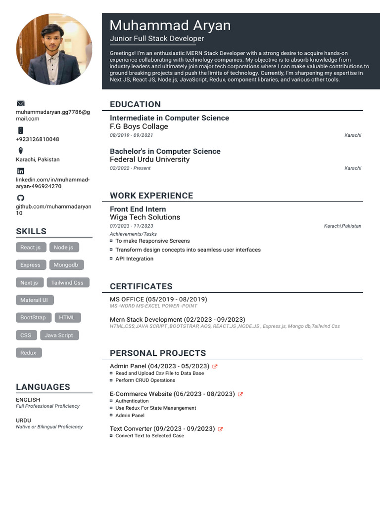 Muhammad's Resume | Download Free PDF | Java Script | Computer Engineering