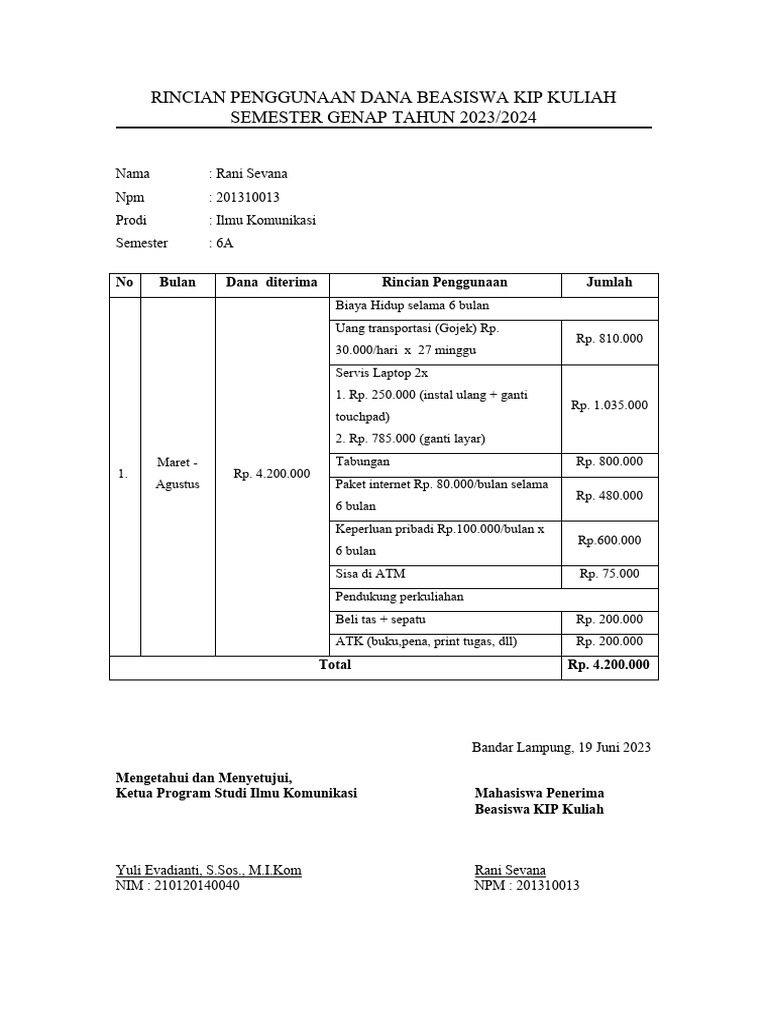 Rincian Penggunaan Dana Beasiswa Kip Kuliah | PDF
